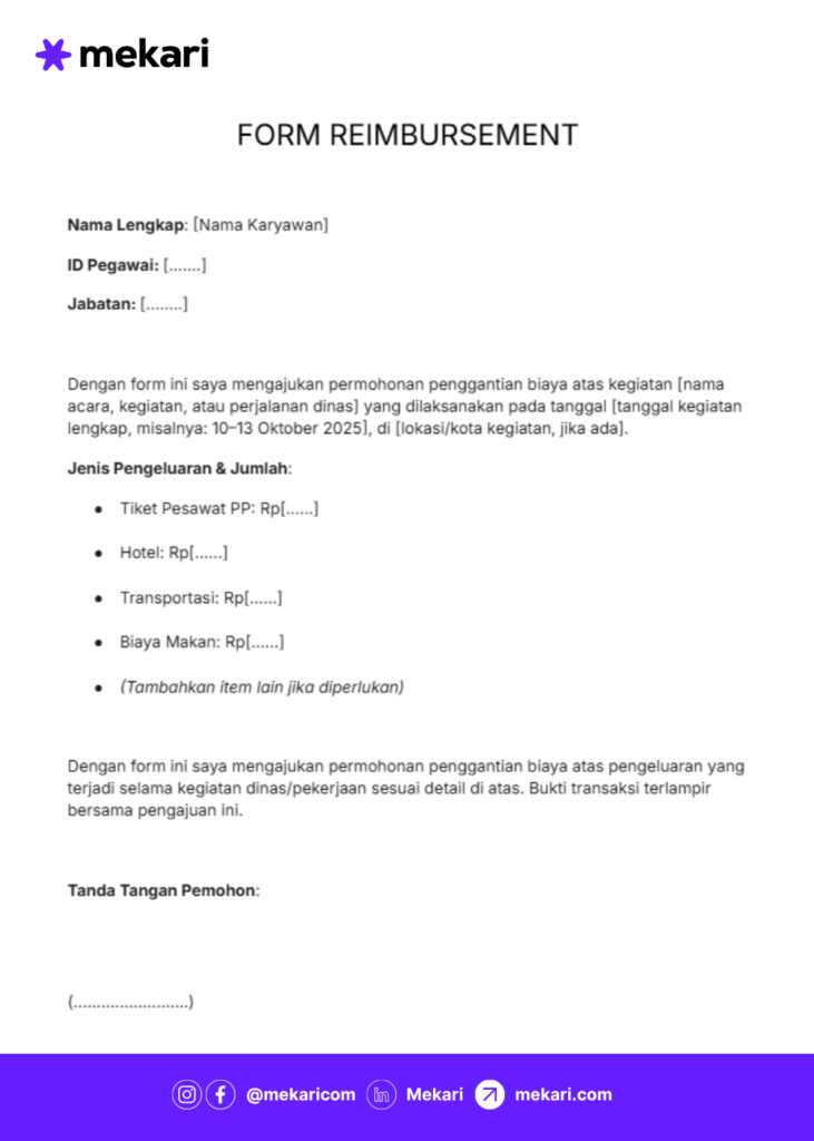 Contoh Form Reimburse & Surat Permohonan Reimbursement